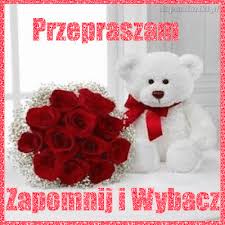 Biały miś z bukietem róż i przeprosinami - Gify i obrazki na GifyAgusi.pl