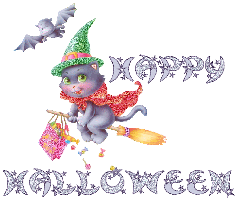 Kotek na miotle szczęśliwego Halloween - Gify i obrazki na GifyAgusi.pl